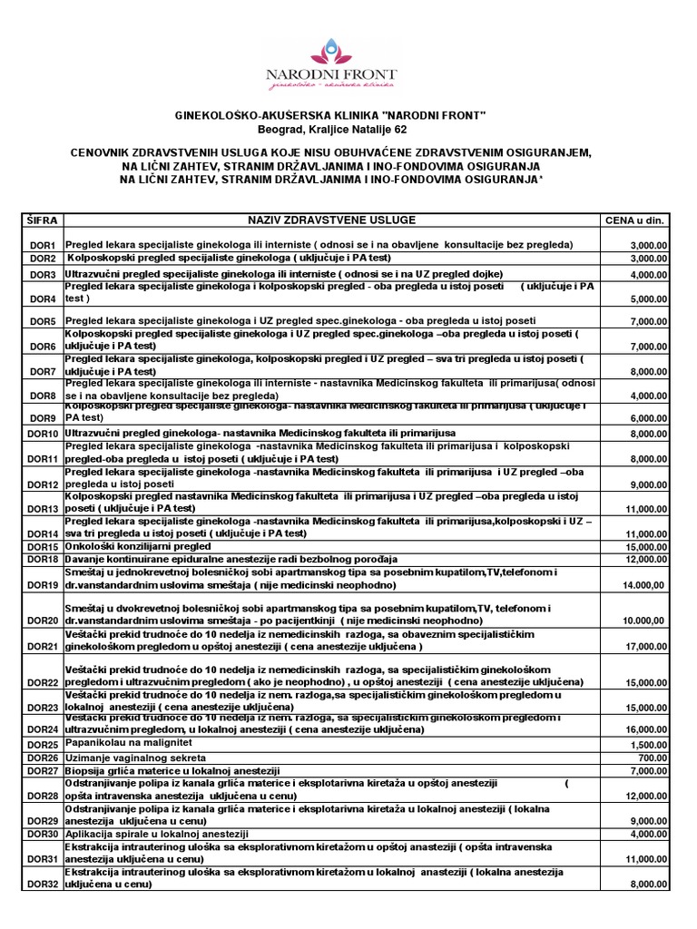 Cenovnik GAK Narodni Front 2022 | PDF