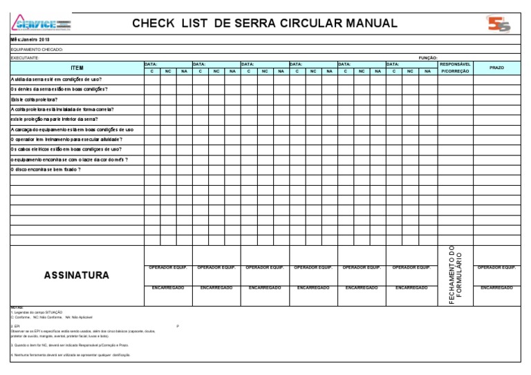 Check List de Serra Circular Manual Semanal | PDF