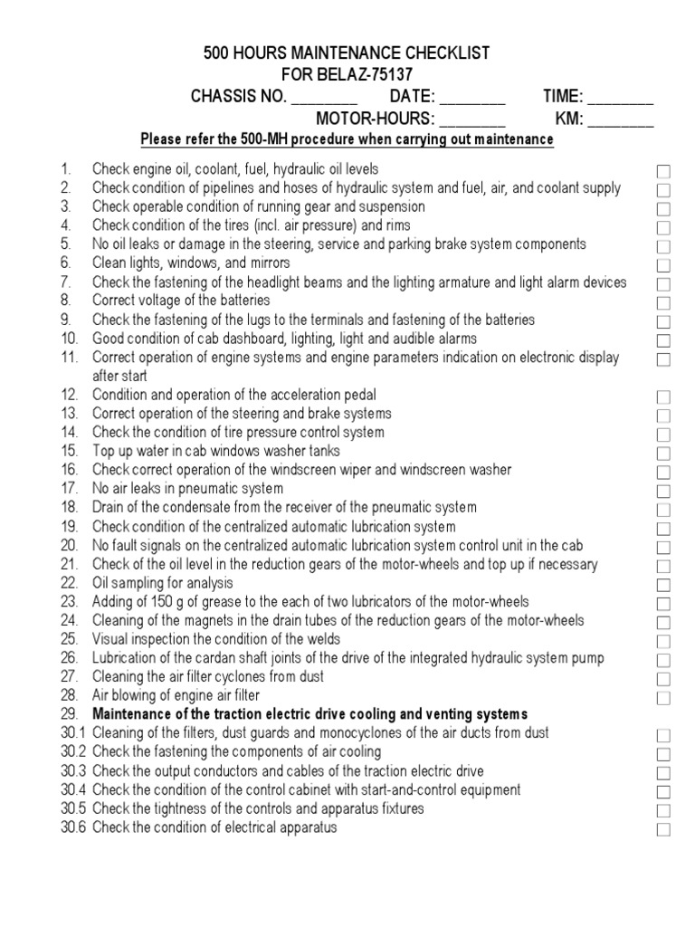 500 Motor-Hours Maintenance (M-2) - Checklist | PDF | Steering | Screw