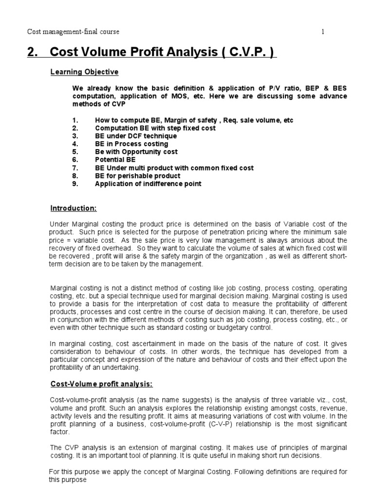 Cost Volume Profit Analysis (C.V.P.) : Learning Objective | PDF