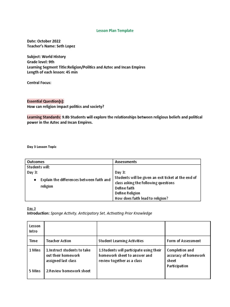 Lesson Plan Day 3 | PDF | Lesson Plan | Teachers