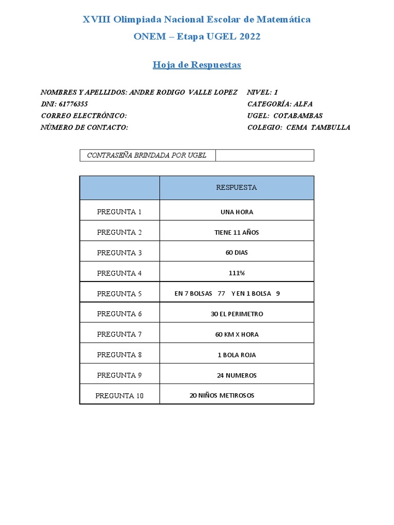 Formato - Hoja de Respuestas - Etapa Ugel - Onem | PDF