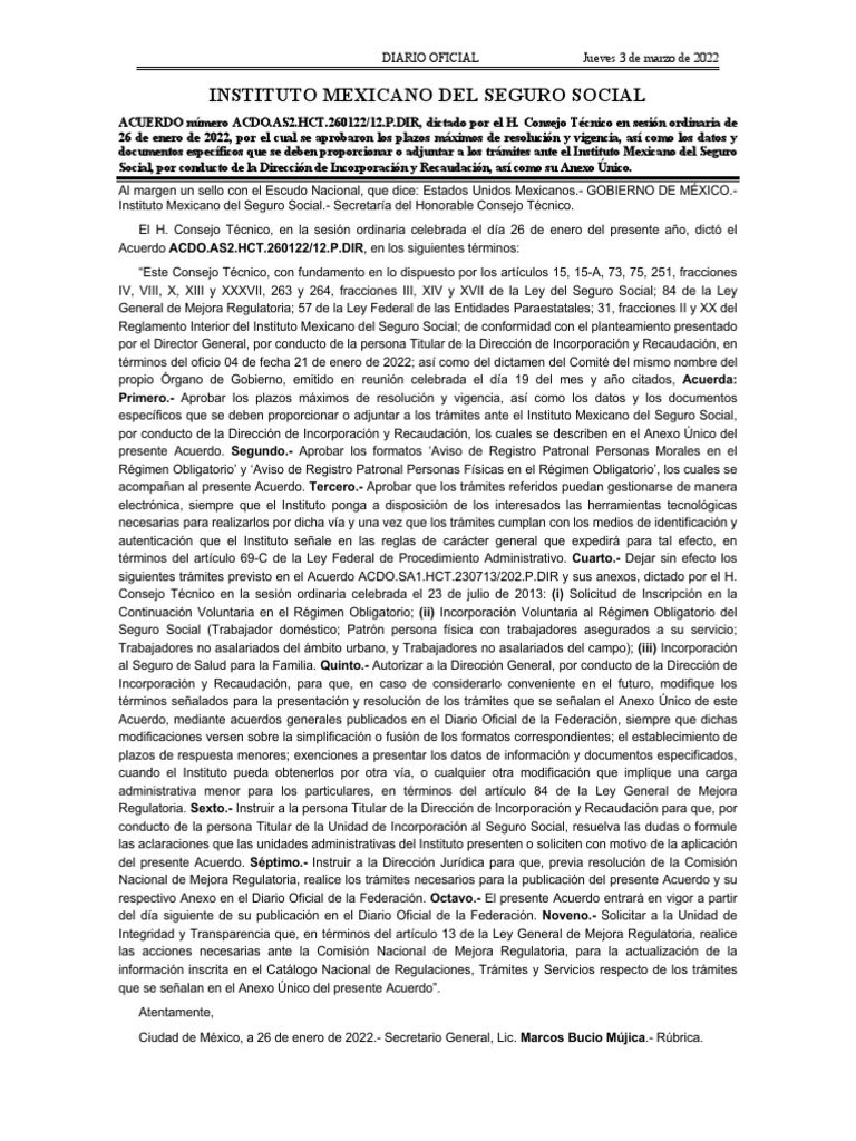 IMSS ACUERDO Número ACDO - AS2.HCT.260122-12.P.DIR DOF 3-Mar-22 | PDF ...