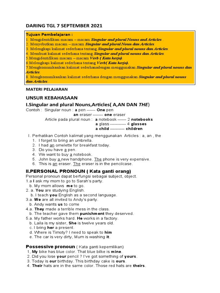 UNIT 2 Part 3 Unsur Kebahasaan (Articles, Kata Ganti, Singular, Plural) | PDF | Plural ...