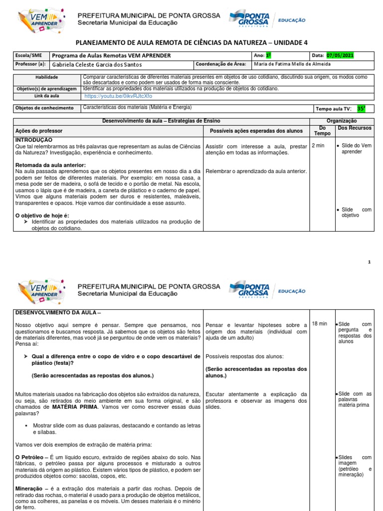 Planejamento CN 1o Ano U4 Aula 8 Caracteristicas Dos Materiais | PDF | Papel | Matéria