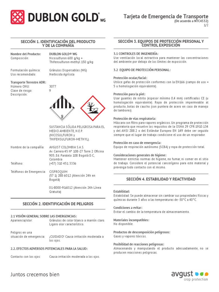 Dublon Gold WG Tarjeta Emergencia 2020 CO | PDF | Agua | Contaminación