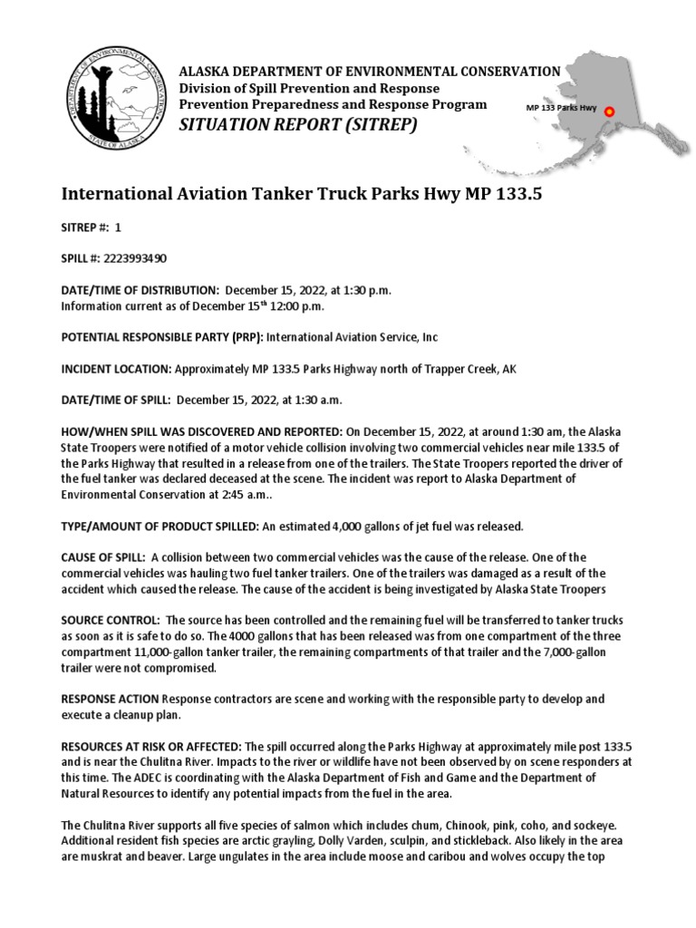 Alaska DEC Situation Report For Milepost 133.5 Parks Highway Spill | PDF