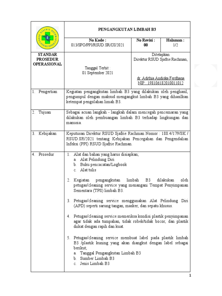 Spo 013 Pengangkutan Limbah B3 Rsud SR | PDF