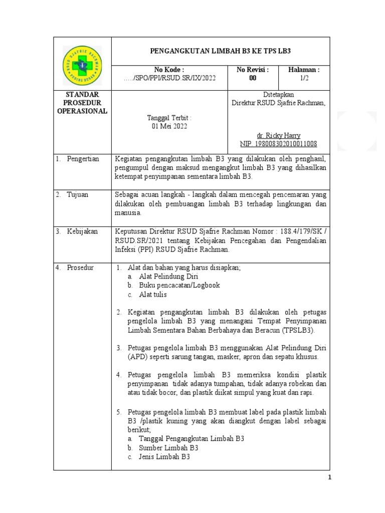Spo Pengangkutan Limbah B3 Rsud SR | PDF