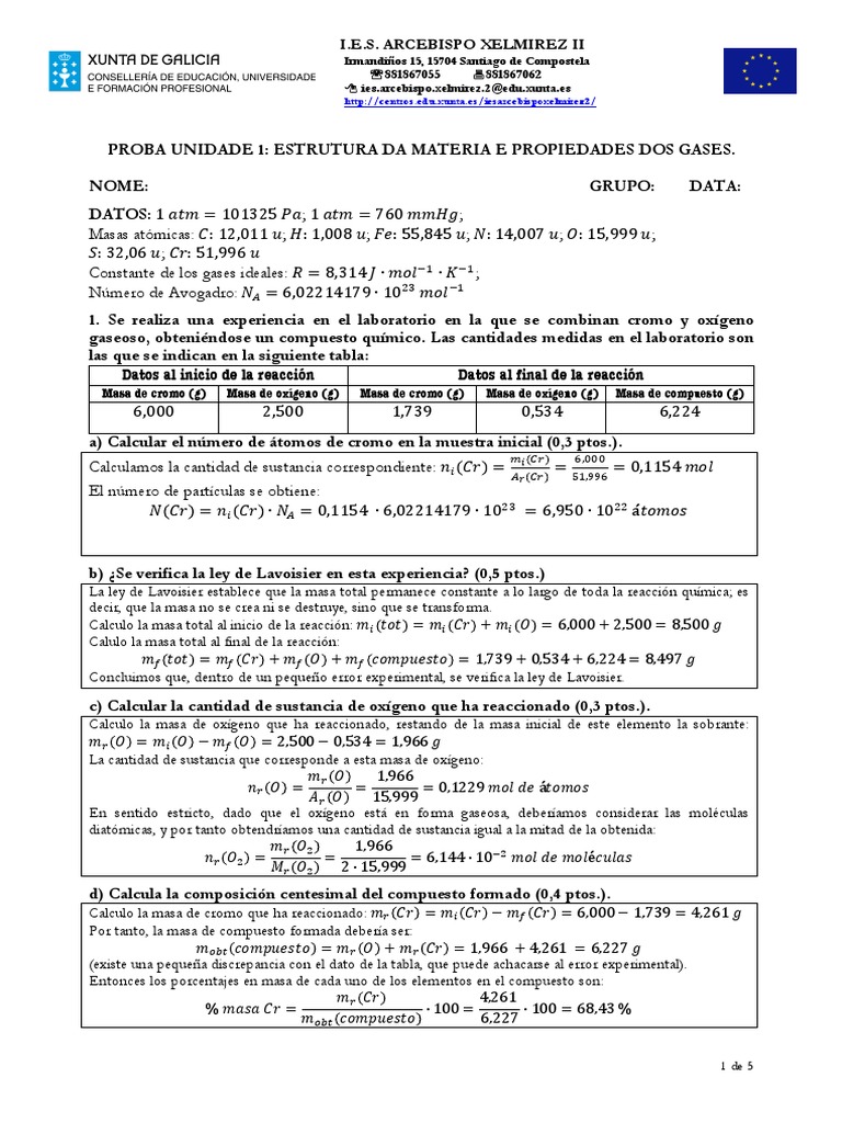 Soluc - Proba - U1.2 - FQ - Bac1 | PDF | Gases | Mole (Unidad)