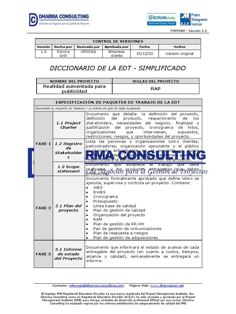FGPR - 080 - 06 - Diccionario de La EDT - Simplificado | PDF | Gestión de proyectos | Economias