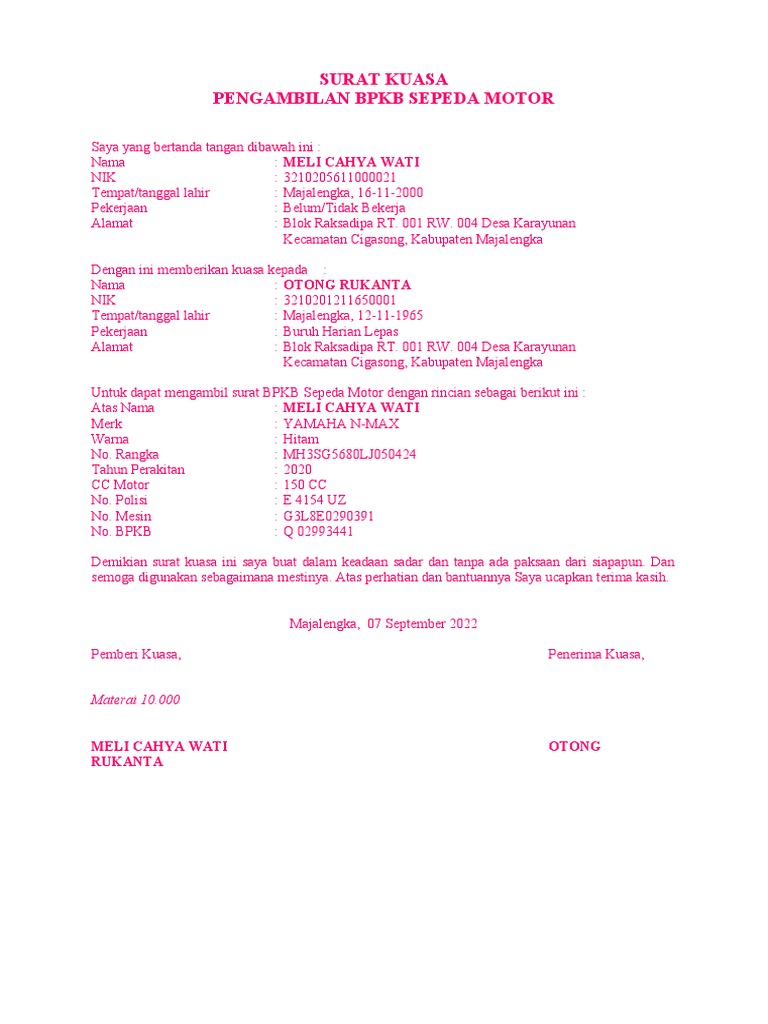 SURAT KUASA Pengambilan BPKB Motor | PDF