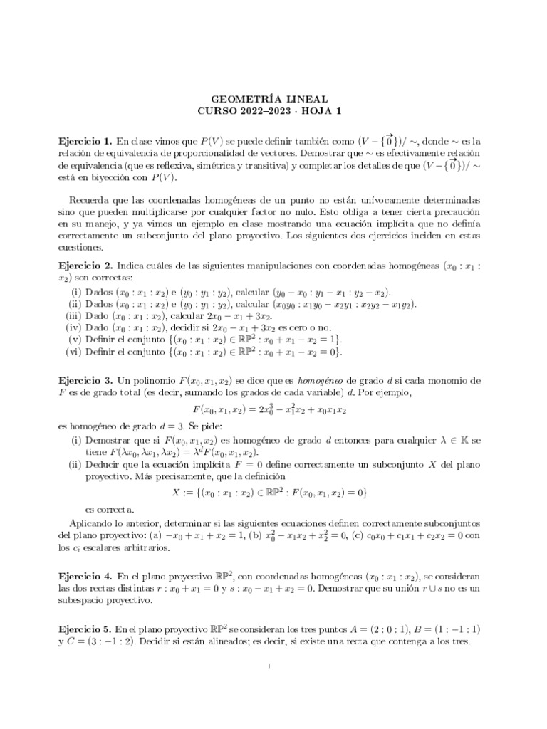 Hoja 1 Ej Geometría Lineal | PDF | Análisis matemático | Matemáticas