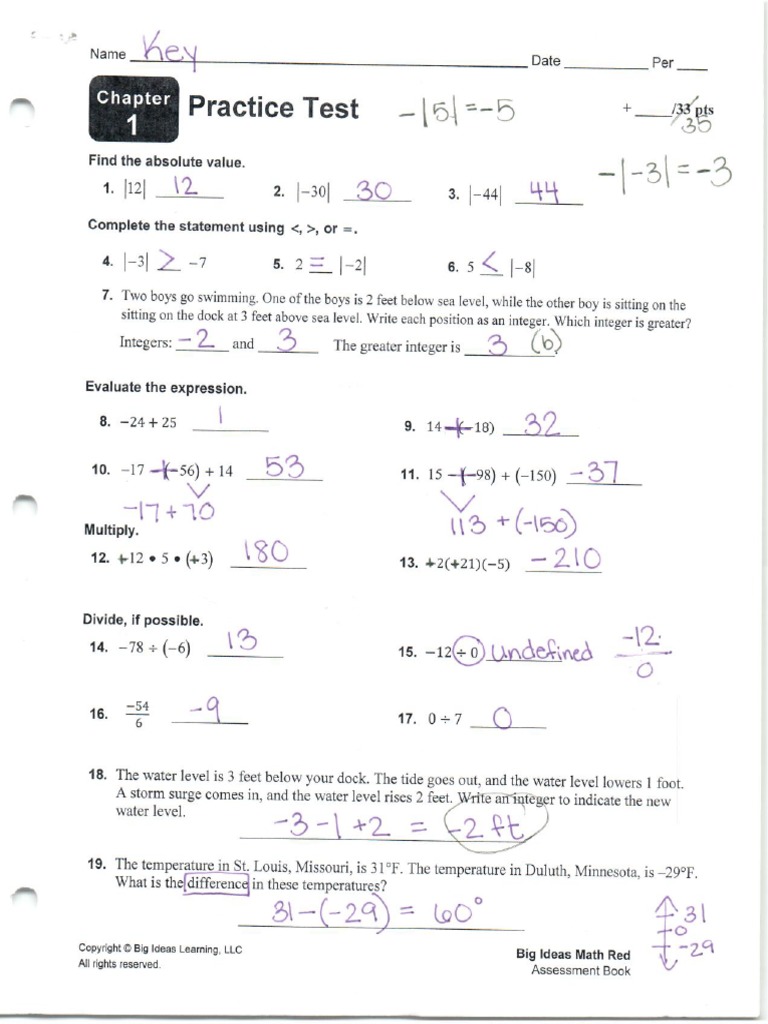 Ch. 1 Pract Test Answer Key (Pre-Alg) | PDF
