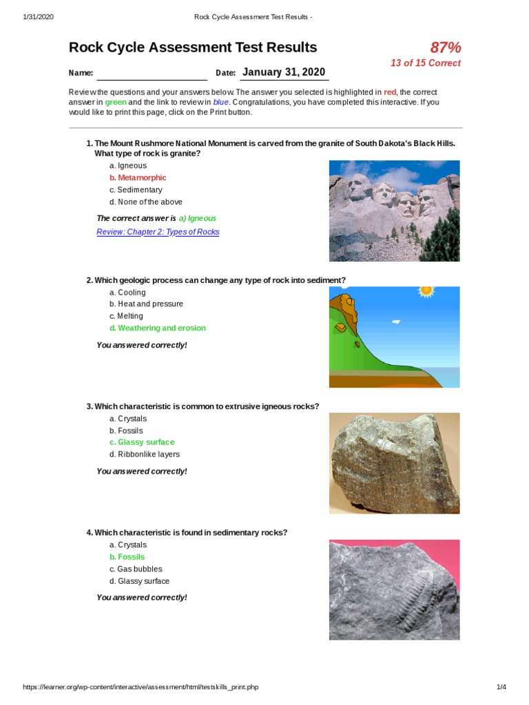 Rock Cycle Assessment Test Results | PDF | Rock (Geology) | Igneous Rock
