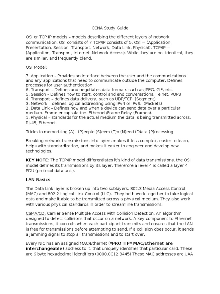 CCNA Study Guide | PDF | Internet Protocol Suite | Computer Network