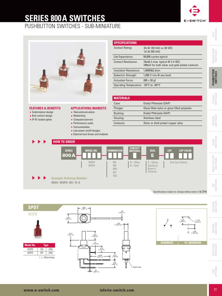 Series 800A Switches: Pushbutton Switches - Sub-Miniature | PDF | Switch | Electromagnetism