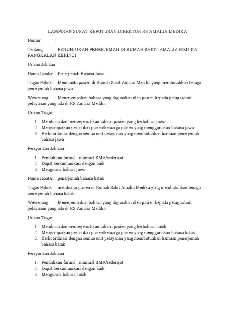 Lampiran Surat Keputusan Direktur RS Amalia Medika | PDF