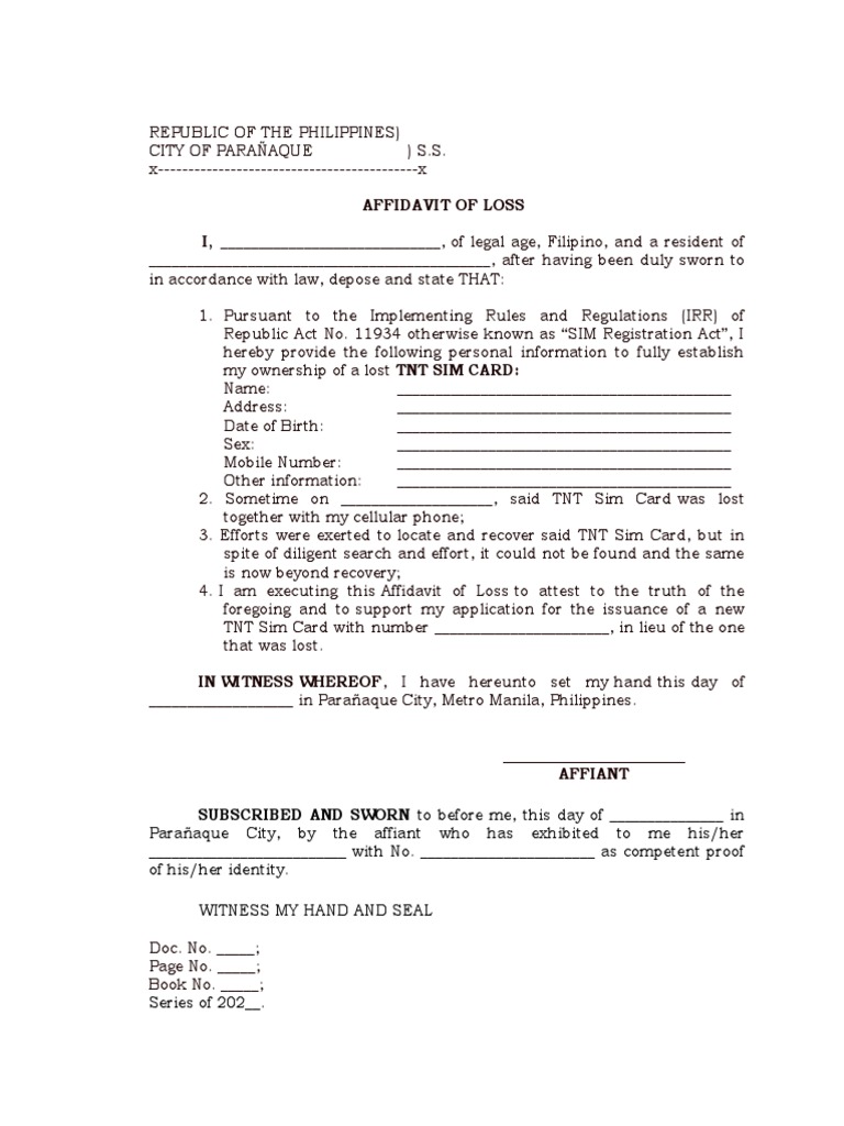 Affidavit of Loss for TNT SIM Card | PDF