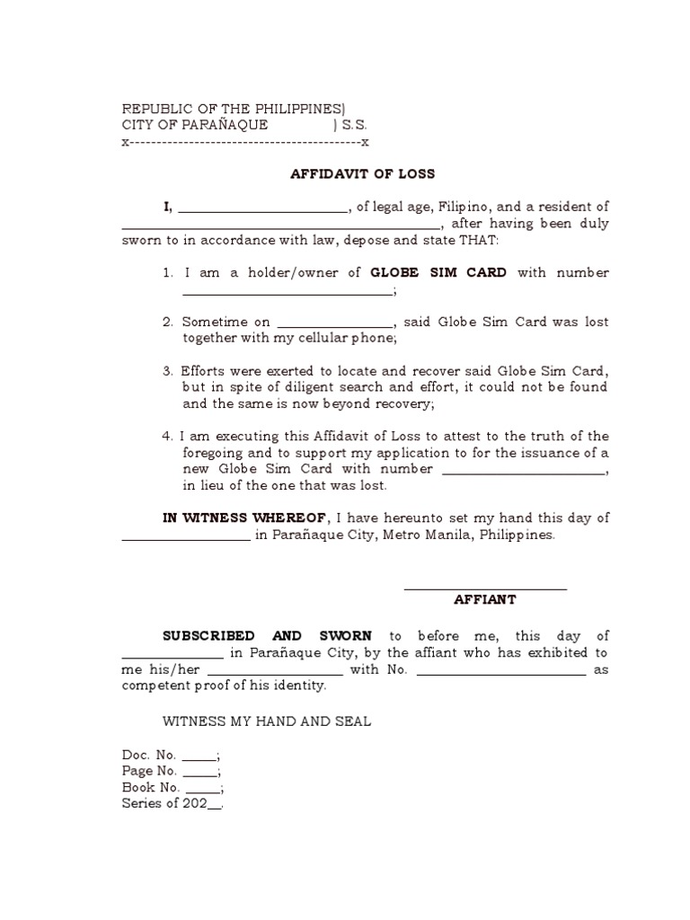 Globe SIM Card Affidavit of Loss Template | PDF