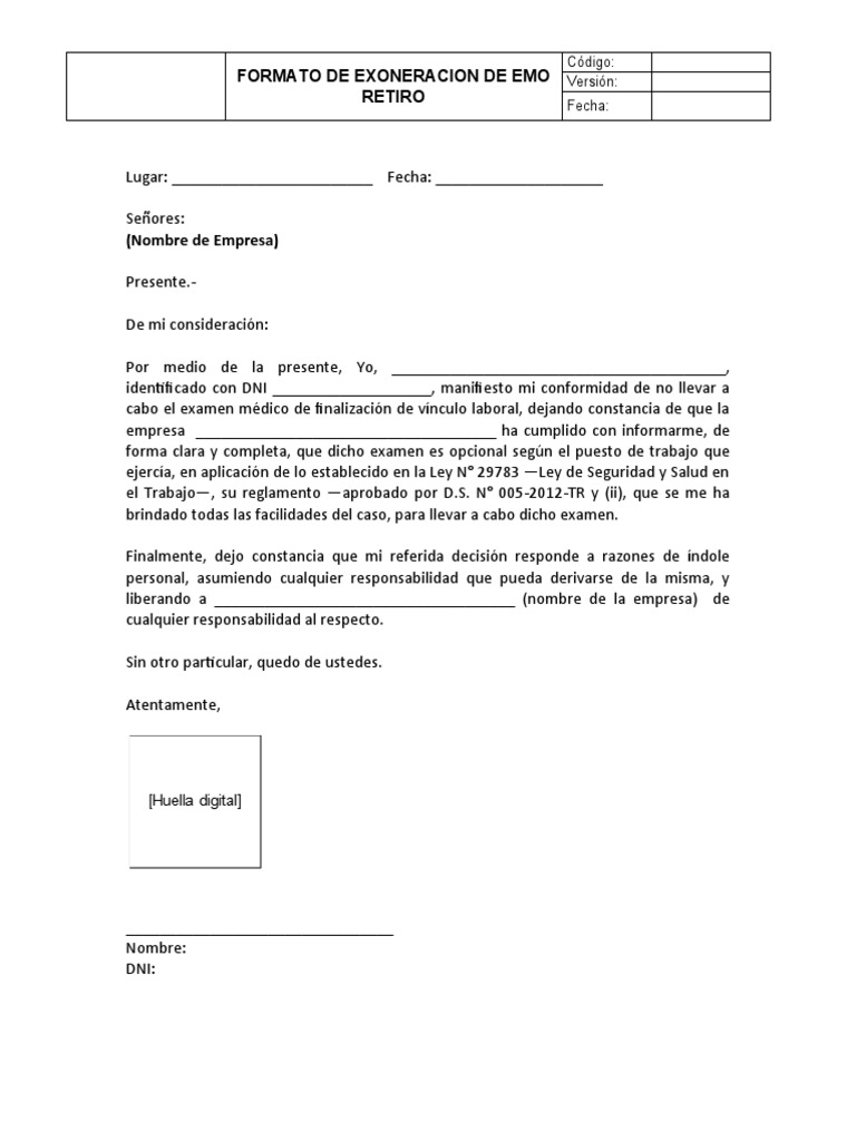 Carta para Exoneracion Emo Retiro | PDF
