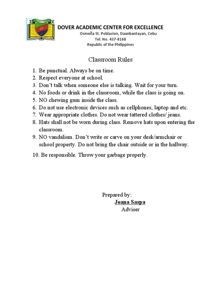 Establishing Order and Respect: Classroom Rules of the Dover Academic ...