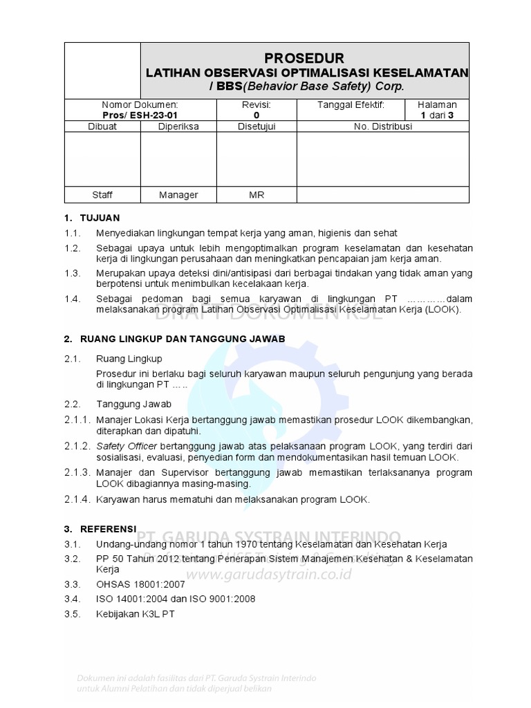 SOP 88 Latihan Observasi Optimalisasi Keselamatan LOOK BBS (Behavior Base Safety) - Template PT ...