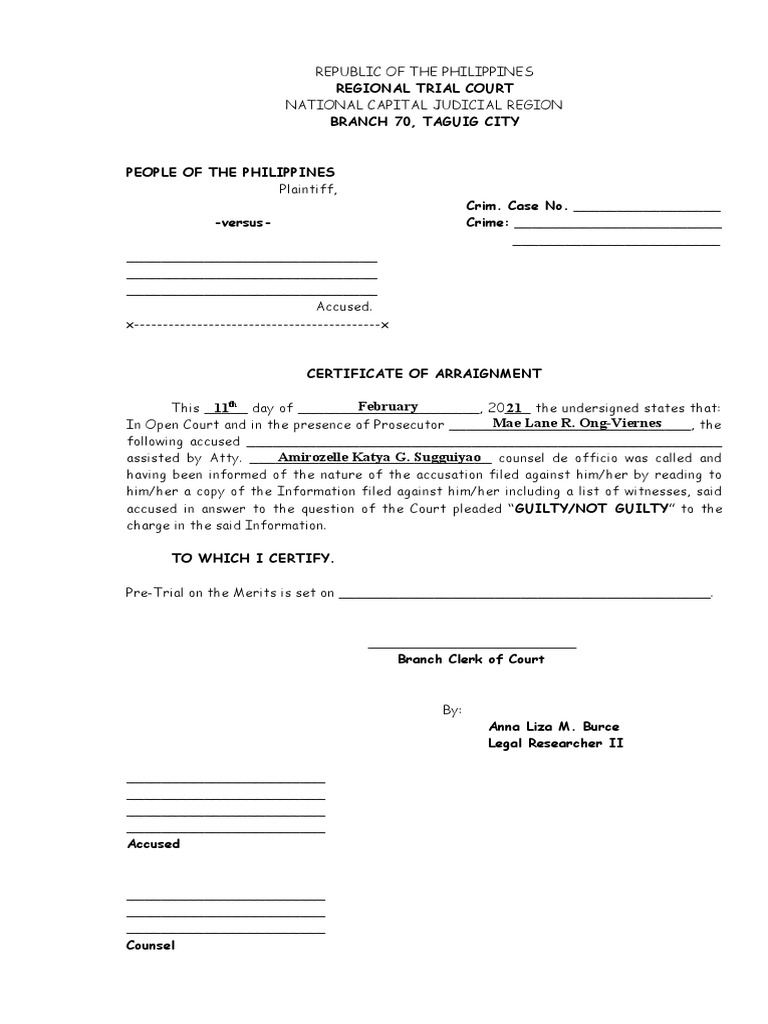 Certificate of Arraignment | PDF