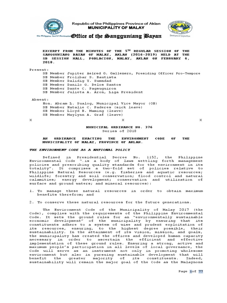 Malay Municipal Ordinance No. 376, S. 2018 (Environment Code) | PDF | Sustainability ...
