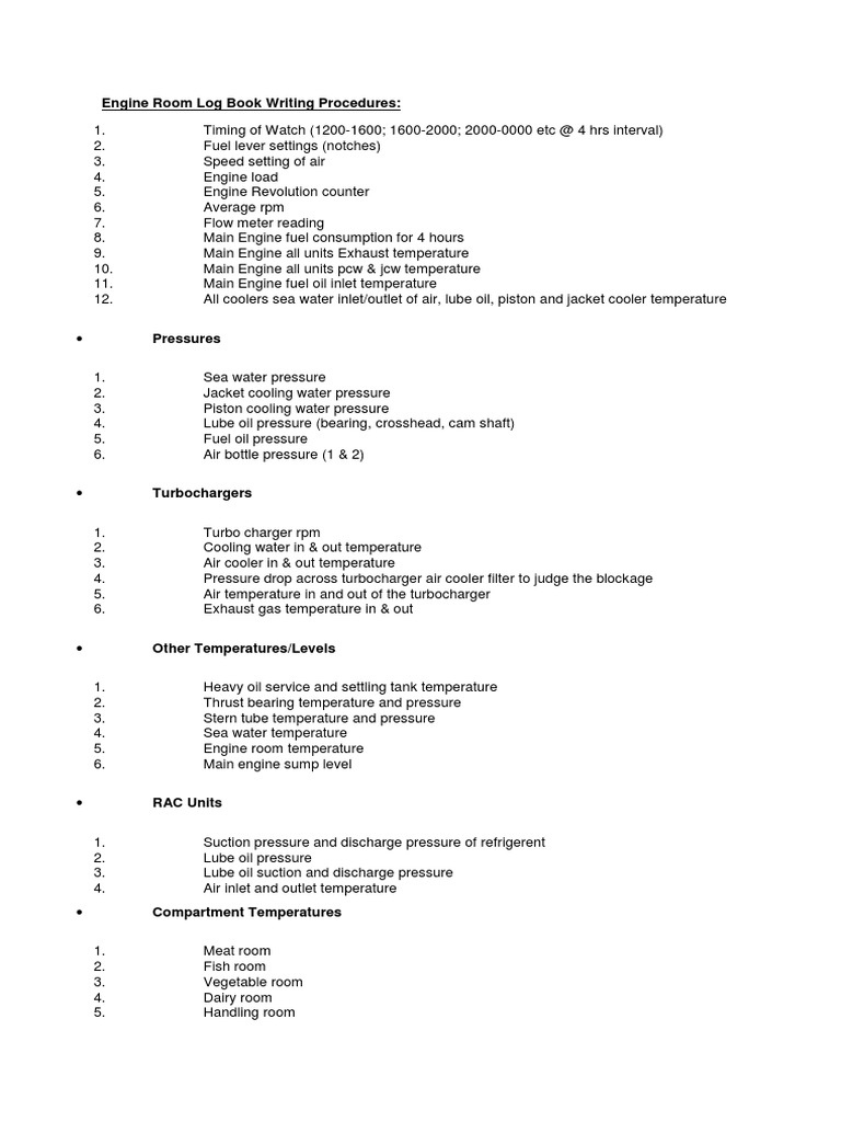 Engine Room Log Book Procedures | PDF | Turbocharger | Lubricant