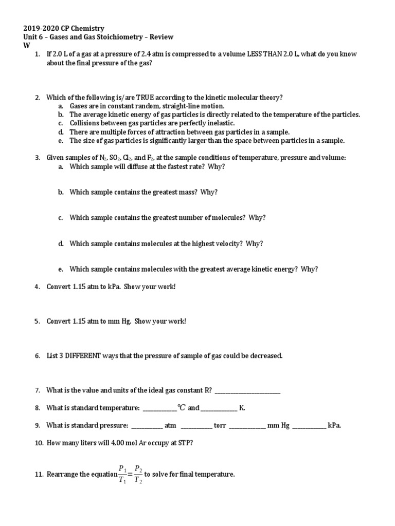 Unit 6 Gas Laws Test Review 2019-2020 | PDF | Gases | Temperature