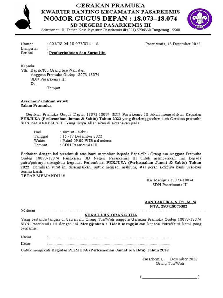 Surat Izin Kegiatan PERJUSA Pramuka | PDF