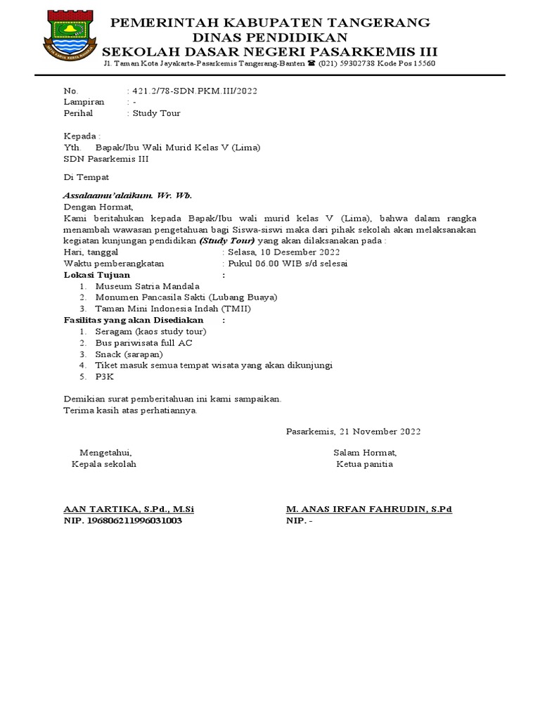 Surat Pemberitahuan Study Tour | PDF