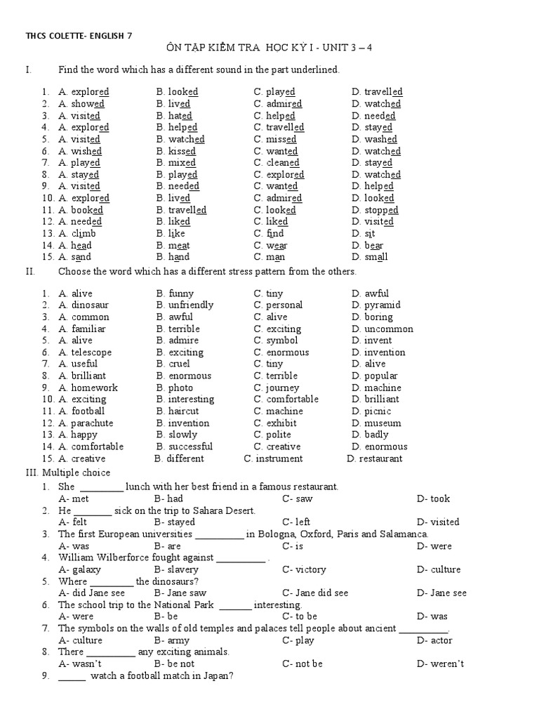 De Cuong Khoi 7 Final Test Hki 2022-2023 THCS Colette | PDF