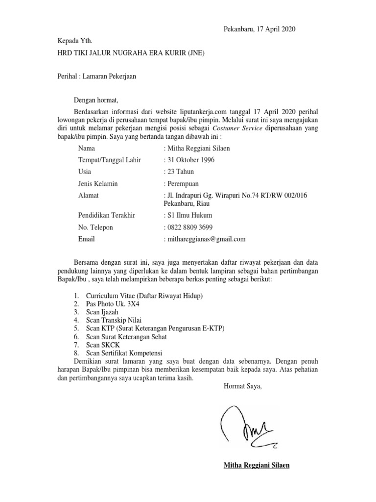 Surat Lamaran JNE | PDF