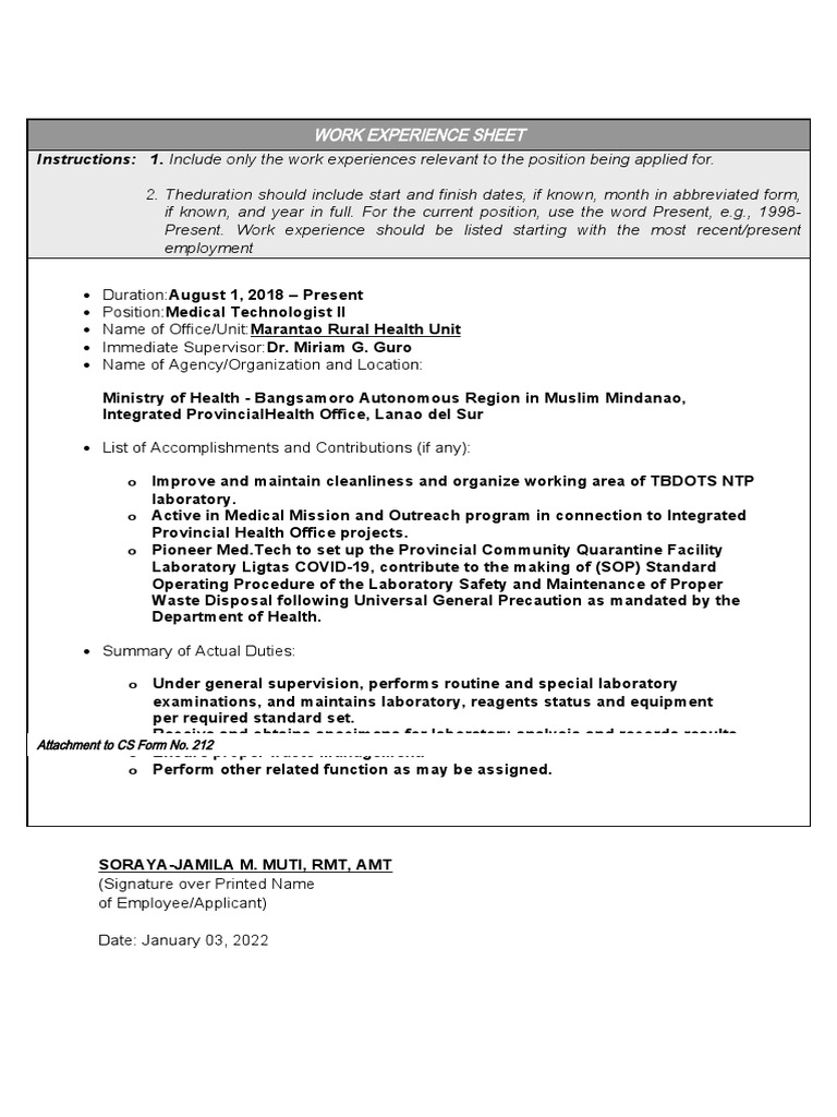 CS Form No. 212 Attachment - Work Experience Sheet | PDF