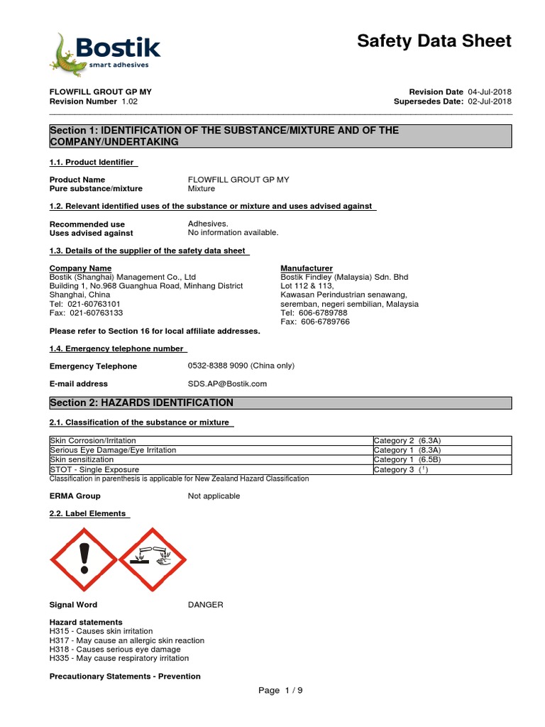 SDS - Flowfill Grout GP | PDF | Personal Protective Equipment | Toxicity