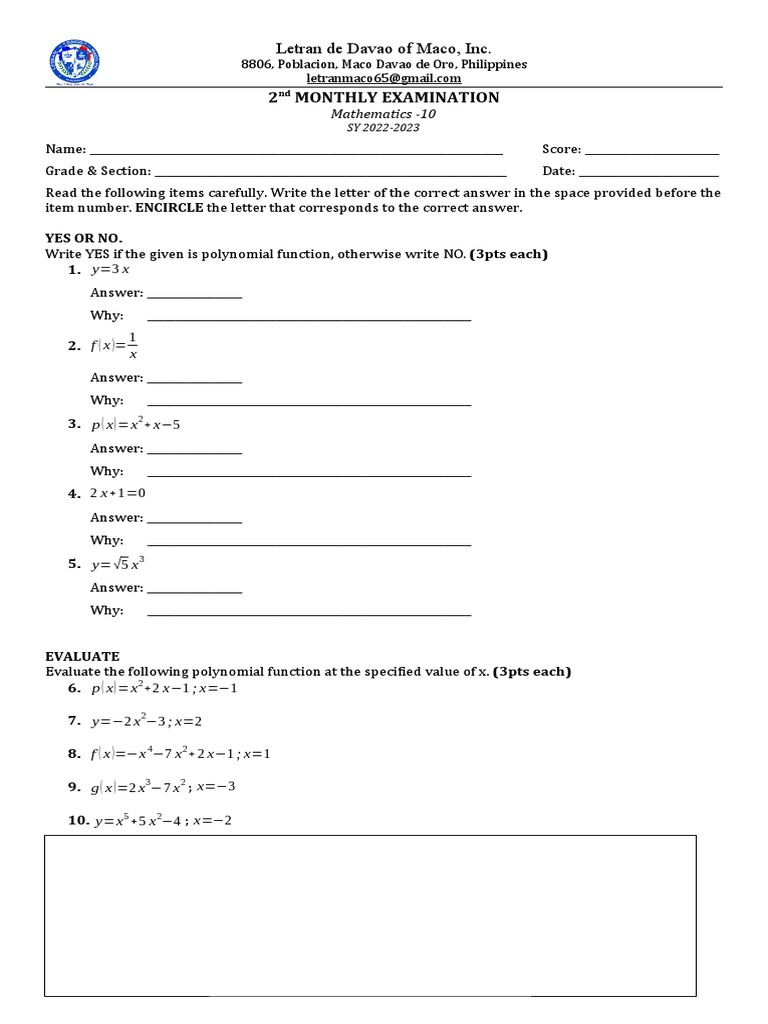2nd Monthly Exam in Math 10-2022-2023 Letran | PDF