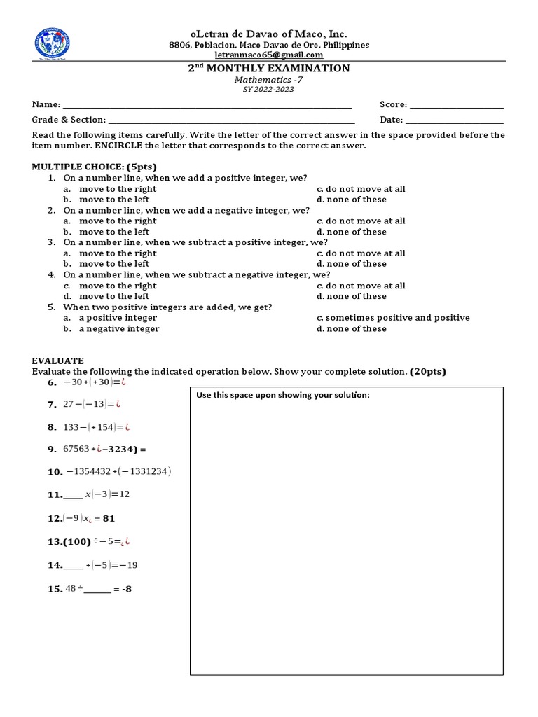 Letran Davao Math Exam - SY 2022-2023 | PDF | Multiplication | Numbers