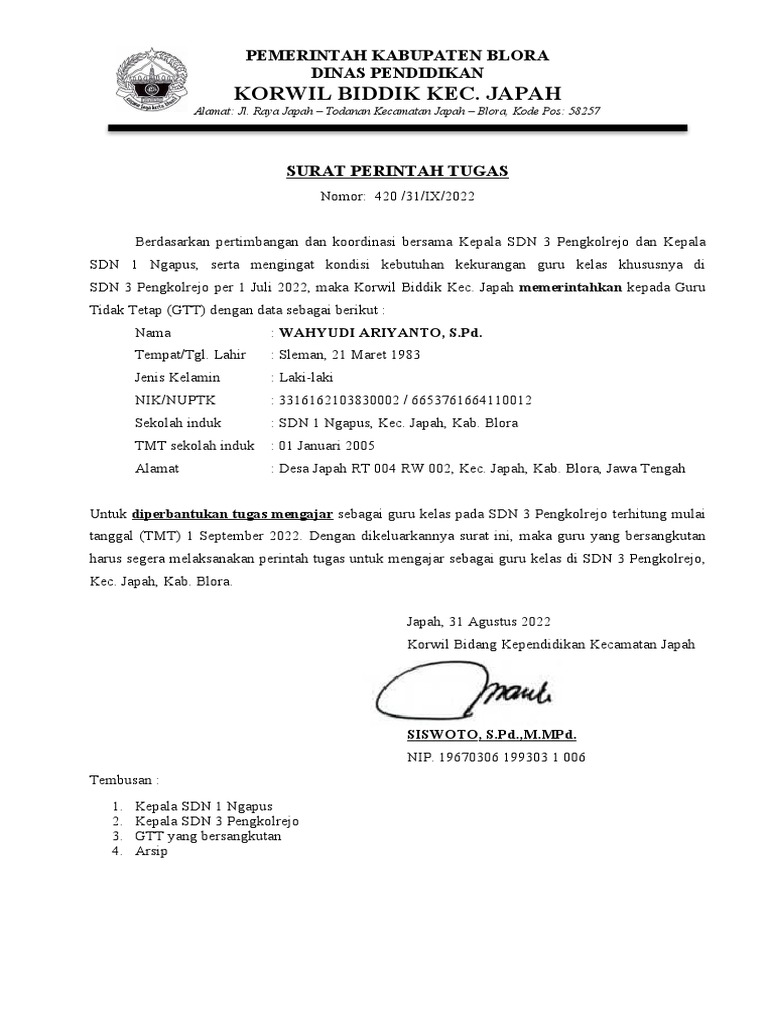 Surat Perintah Diperbantukan Ariyanto | PDF
