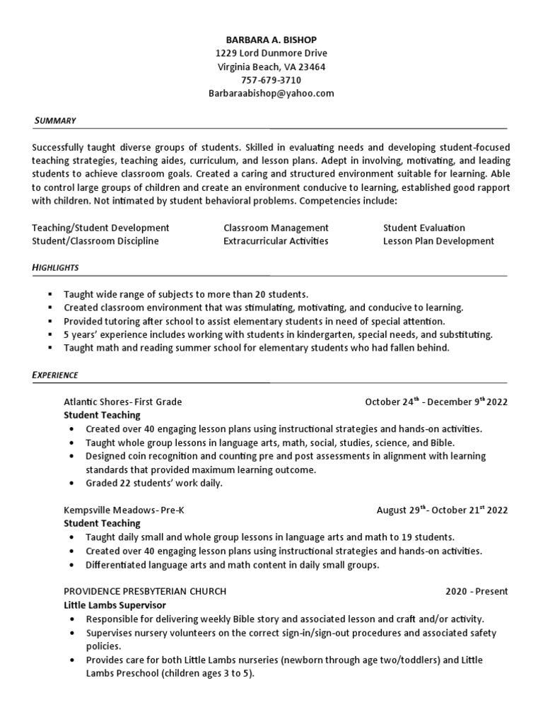 Barbara Bishop Resume November 2022 | PDF | Preschool | Lesson Plan