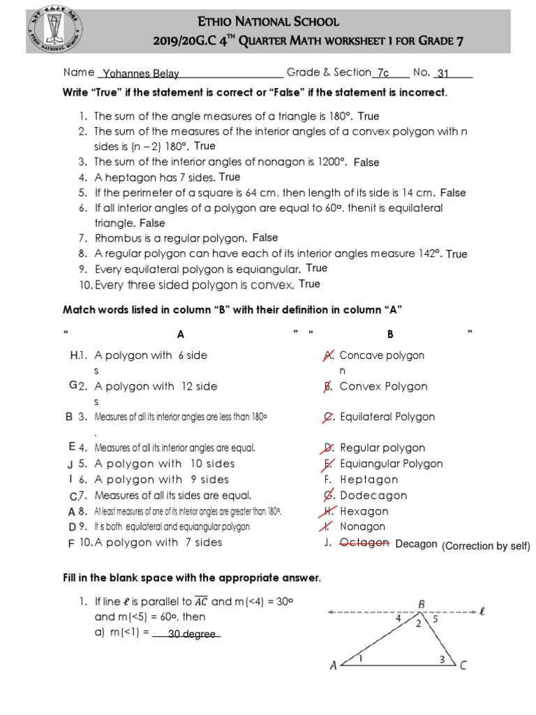 Grade 7 Math Worksheet 1 (4th Quarter) | PDF | Area | Circle