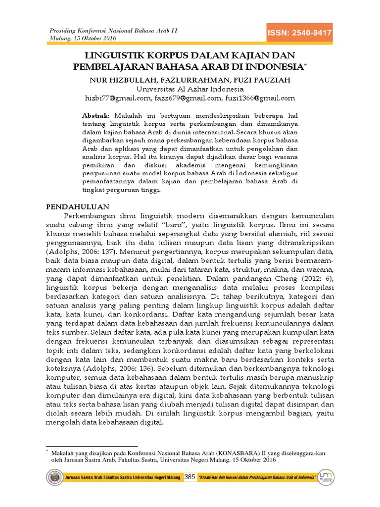 Korpus Linguistik dalam Pembelajaran Bahasa Arab | PDF | Seni ...