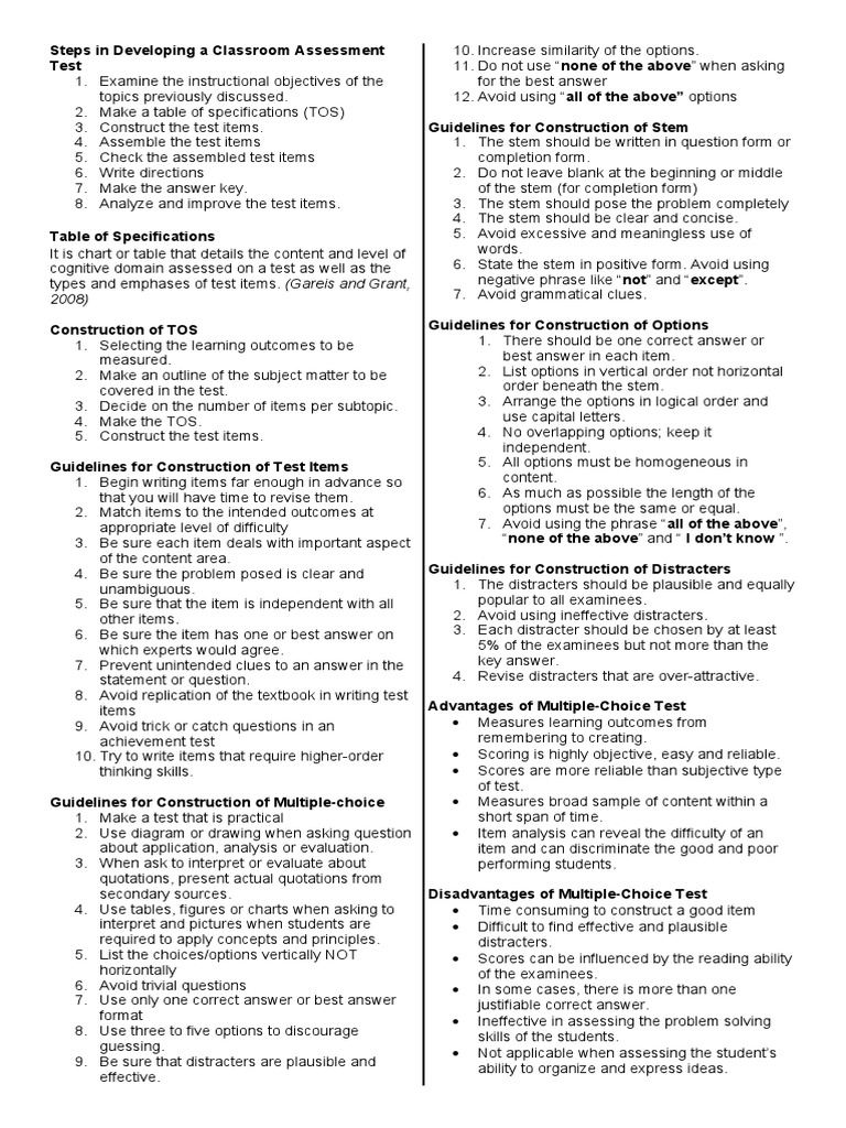 Steps In Developing A Classroom Assessment Test PDF Multiple Choice