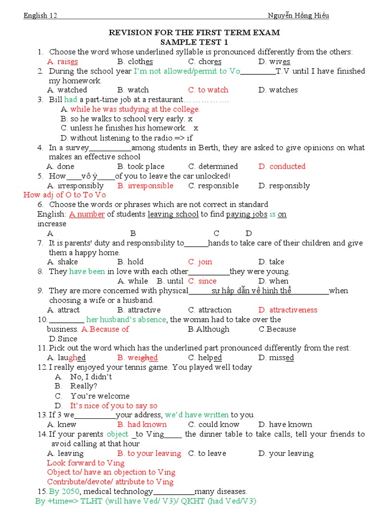 Revision For The First Term Exam 2021 Answer Keys | PDF | Wedding | Body Language
