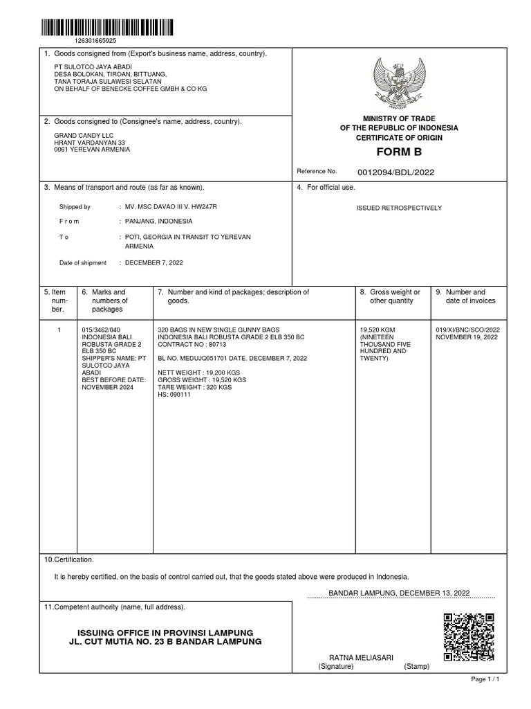 Certificate of Origin for 320 Bags of Indonesian Bali Robusta Grade 2 ...