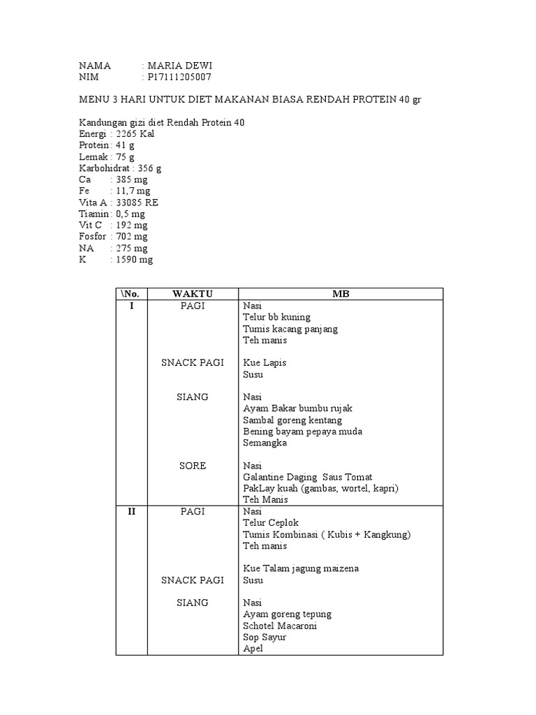 Menu 3 Hari Untuk Diet Makanan Biasa Rendah Protein | PDF