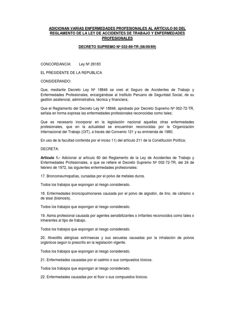 DS 032-89-TR Adic. Enf. Prof. Al Art. 60 | PDF | Amianto | Ciencias de la Salud