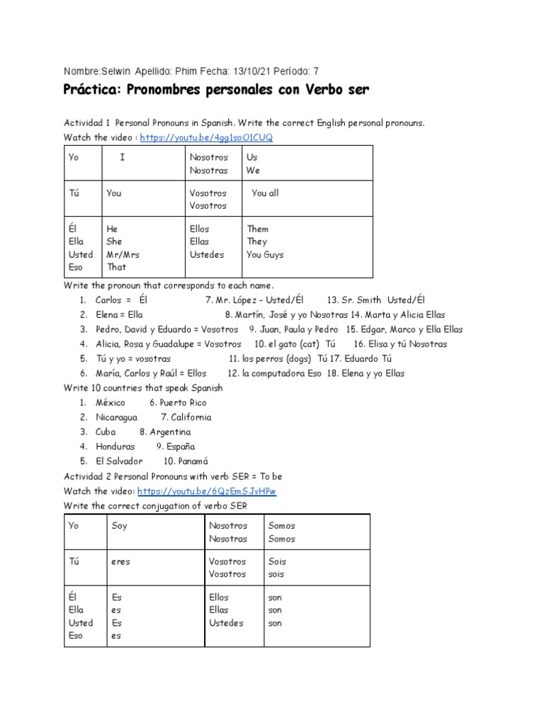 Práctica de Pronombres y Verbo Ser | PDF