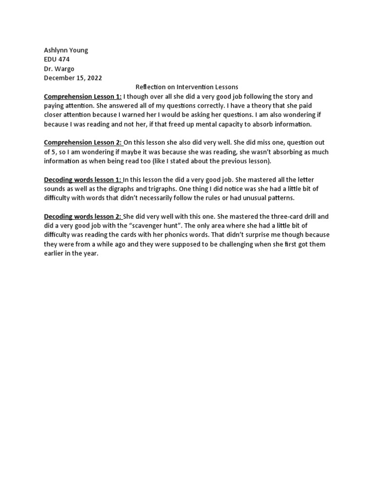 Reflection on Reading Intervention Lessons | PDF